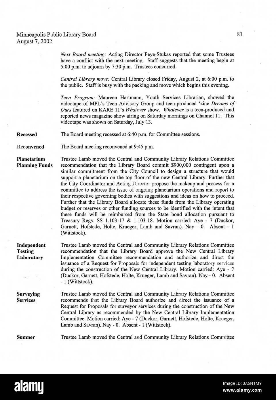 Minutes from the 2002 Minneapolis Public Library Board meetings cover ...