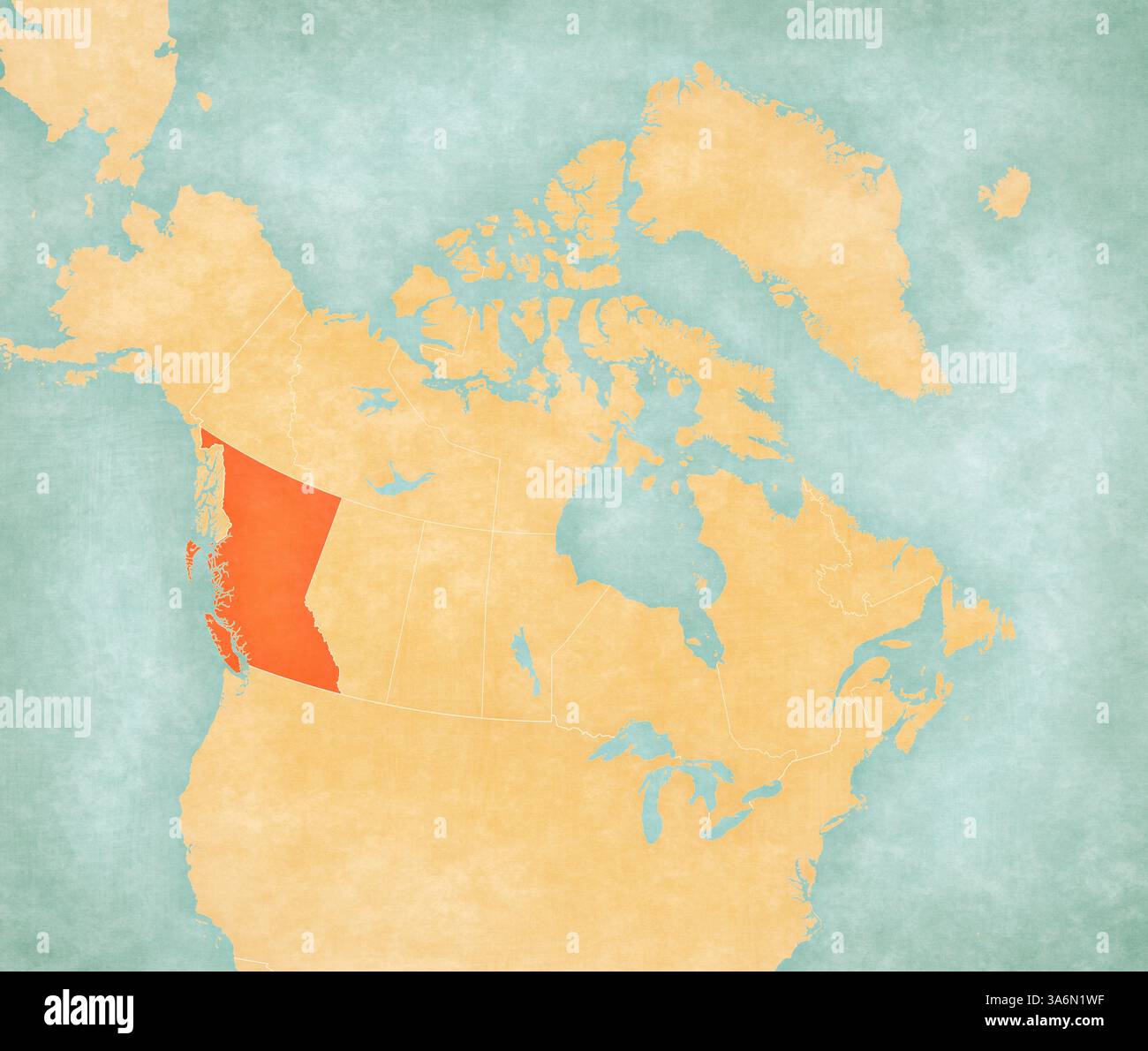 British Columbia on the map of Canada in soft grunge and vintage style ...