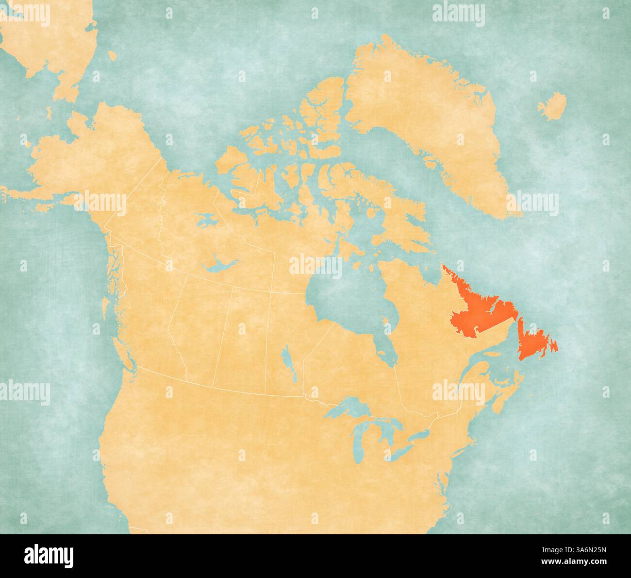Newfoundland and Labrador on the map of Canada in soft grunge and ...