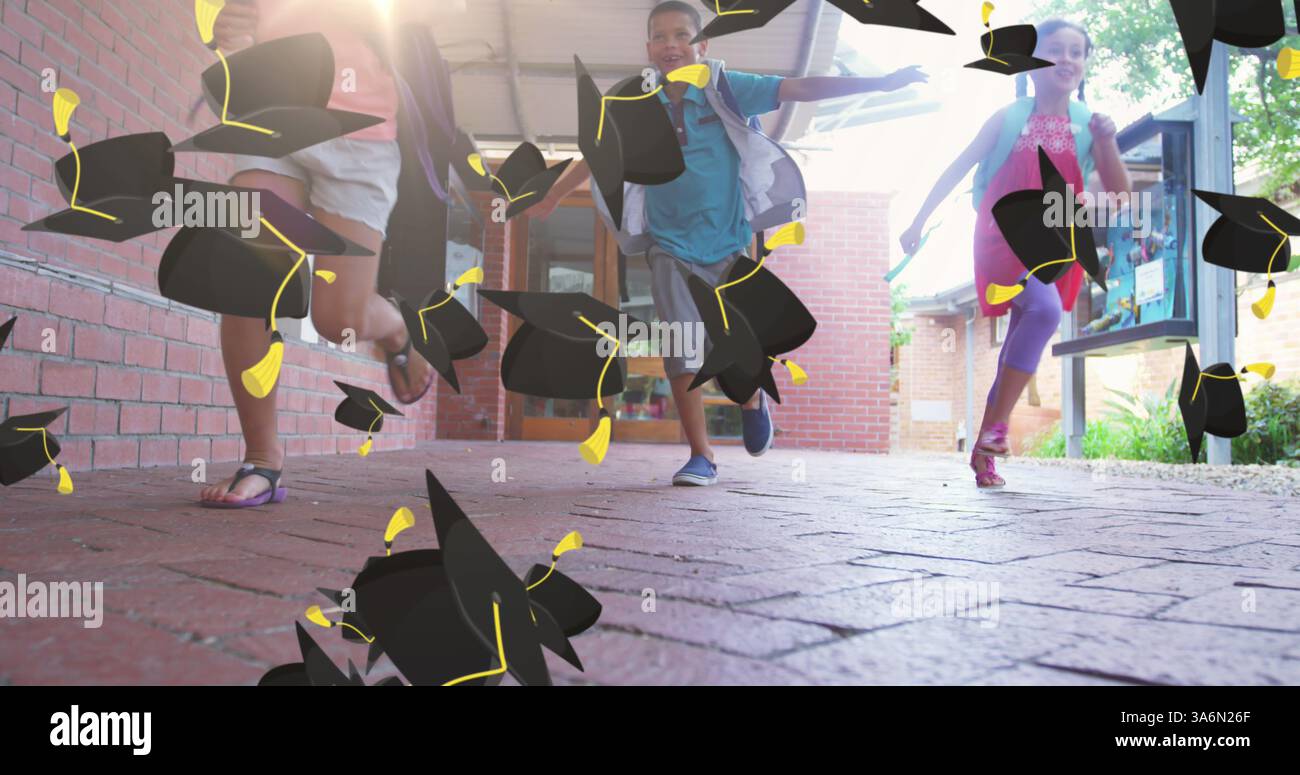 Children running joyfully outside school with graduation caps in air ...