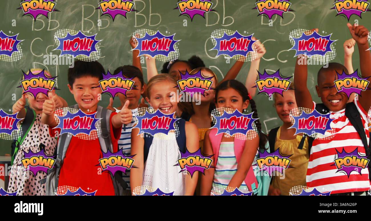 Image of the wow! and pow! text over school children cheering with ...