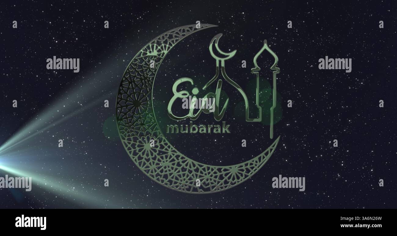 Image of eid mubarak text with crescent moon and mosque with stars ...