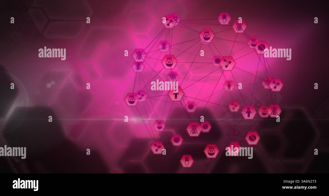 Interconnected glowing pink nodes with futuristic digital network ...