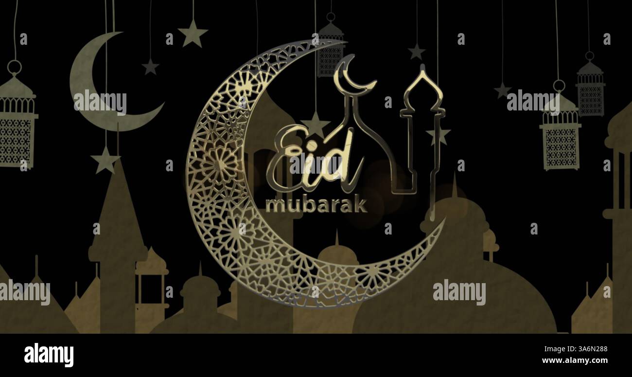 Image of eid mubarak text with crescent moon and mosque with lanterns ...