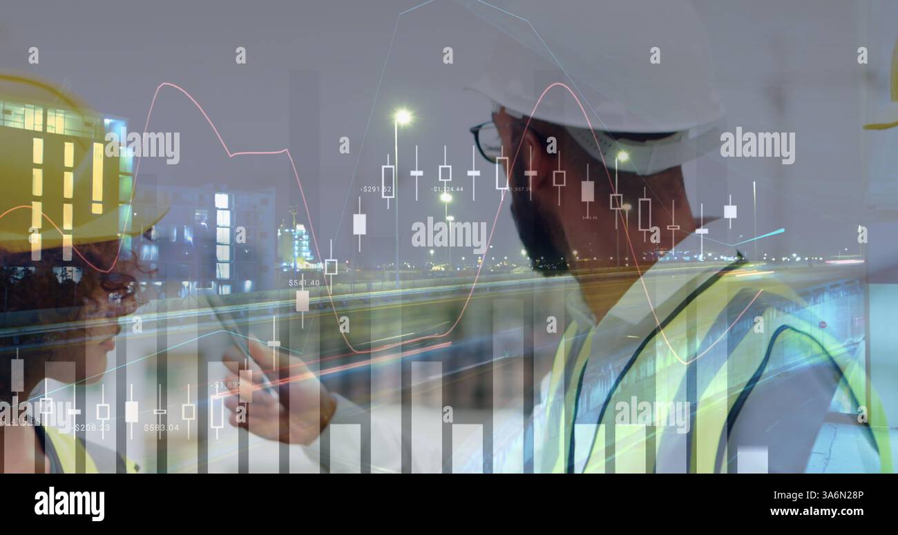 Construction workers discussing project plans with financial data ...