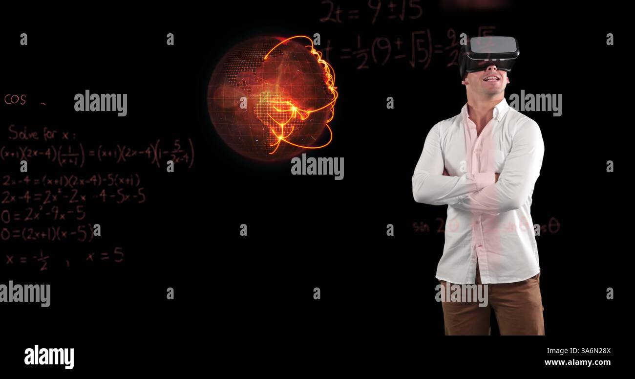 Man using VR headset exploring virtual math concepts with futuristic graphics. Technology ...