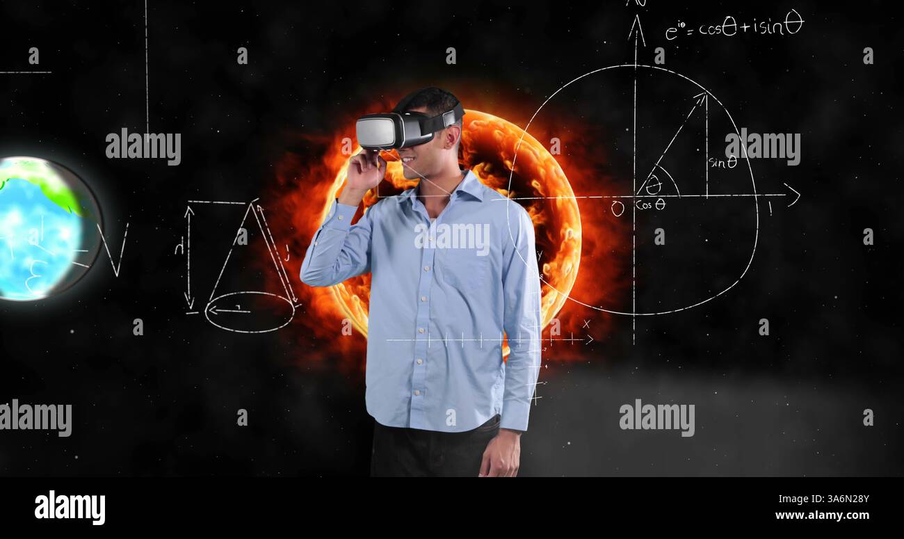 Using VR headset, man exploring virtual solar system with mathematical ...