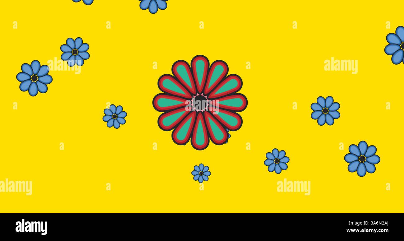 Image of multiple flowers moving over yellow background. pattern ...