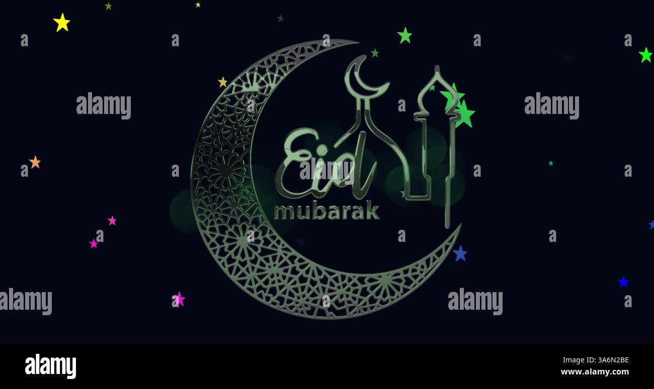 Image of eid mubarak text with crescent moon and mosque with stars ...