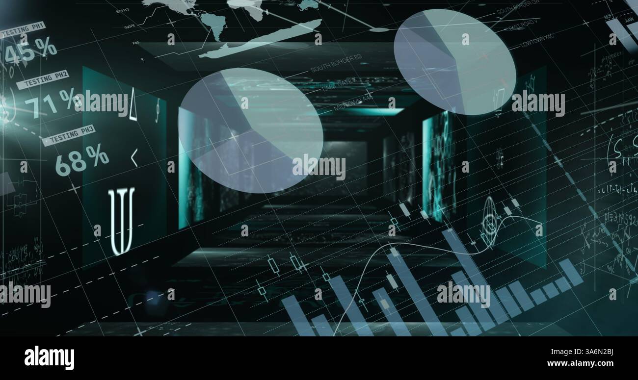 Statistical data processing against screens with mathematical equations on green background ...