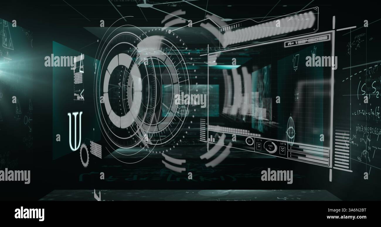 Round scanner and data processing against screens with mathematical equations on green ...
