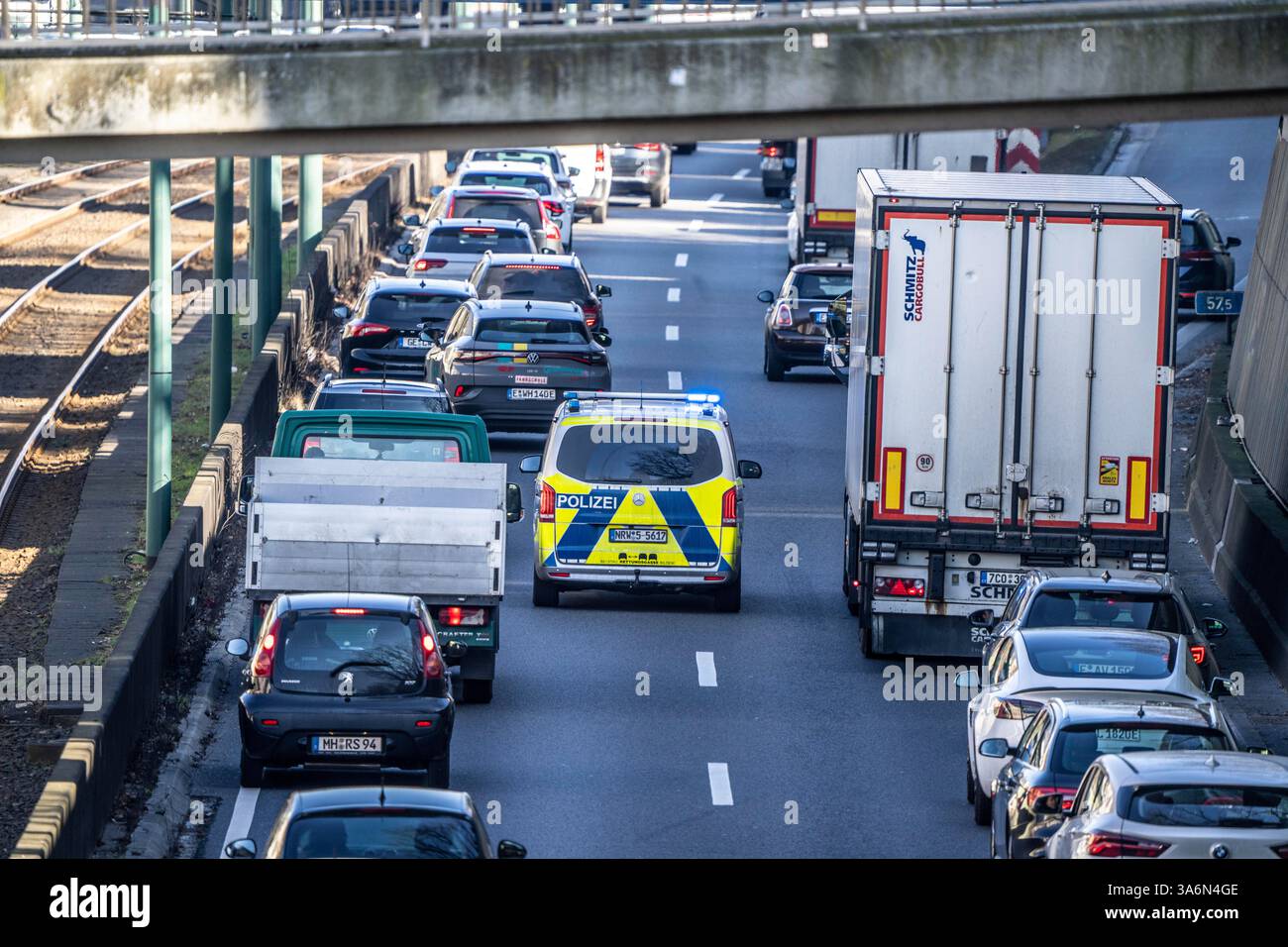 Traffic jam on the A40 motorway, emergency access, vehicles parked on ...