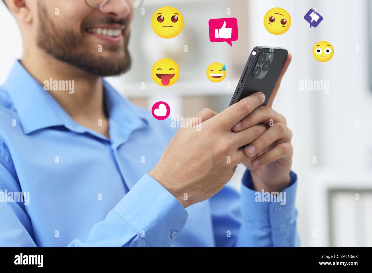 Social media. Happy man using mobile phone, closeup. Different ...