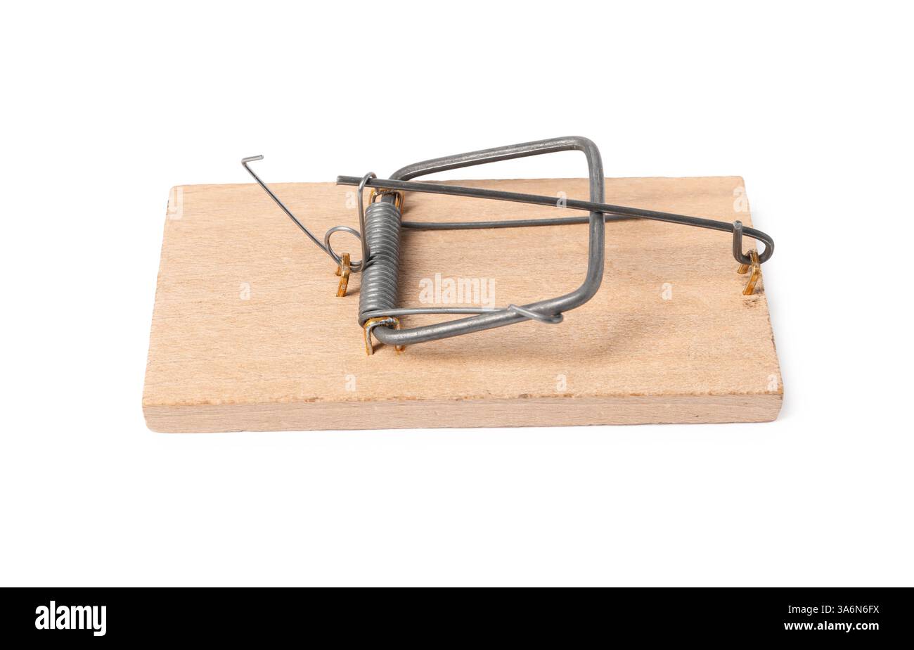One spring-loaded bar mousetrap isolated on white Stock Photo - Alamy