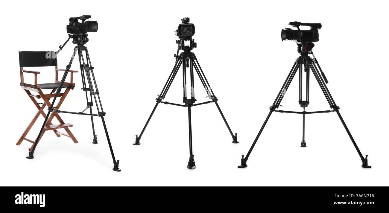 Modern video camera with tripod and director`s chair on white ...