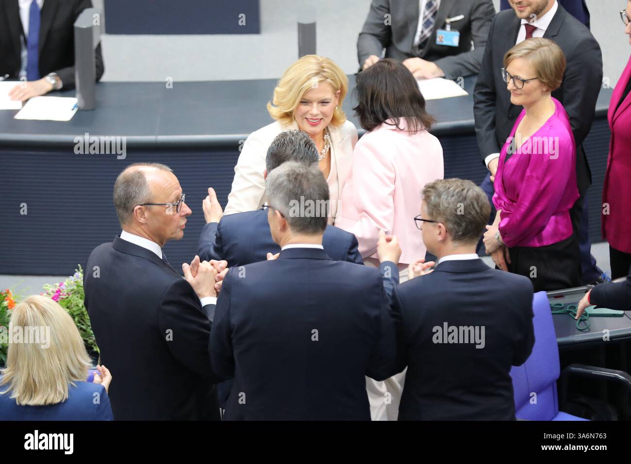 Berlin, Germany. 25th Mar, 2025. Julia Kloeckner (C) is greeted after ...