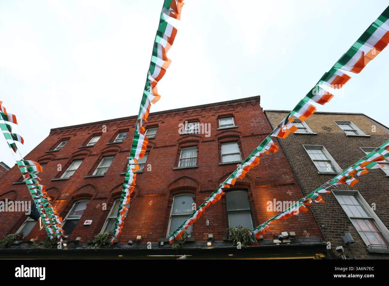 Dublin, Ireland - 18th March 2025 - An Irish flag and Irish themed ...