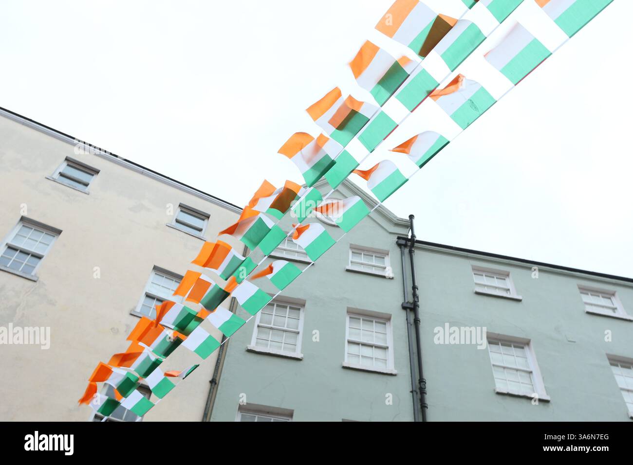 Dublin, Ireland - 18th March 2025 - An Irish flag and Irish themed ...