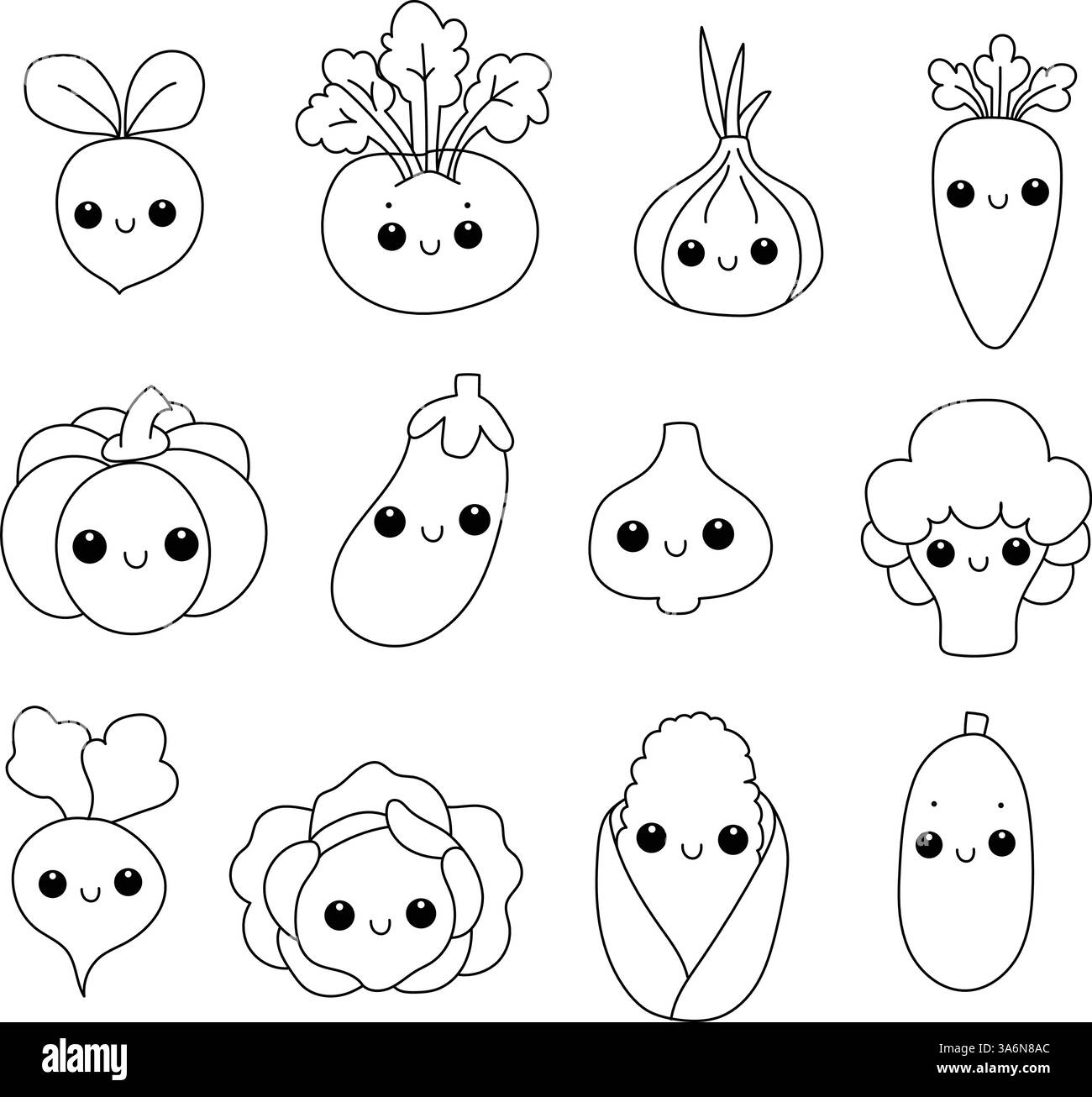 Doodle set of vegetables in kawaii style. Set of 12 vegetables Stock ...