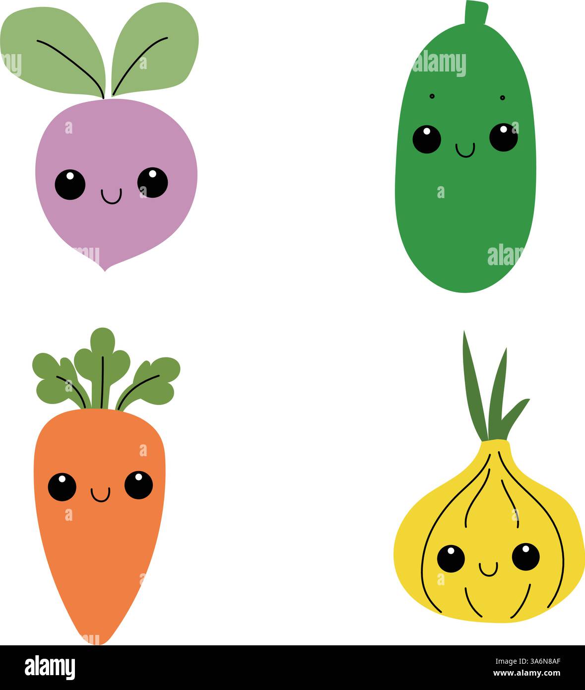 Set of cartoon vegetables with cute faces. Kawaii style characters ...