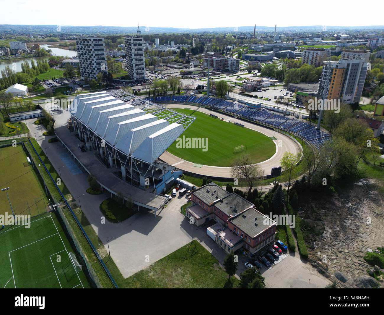 Beautiful sunset panoramic aerial drone view of Rzeszów city. An ...
