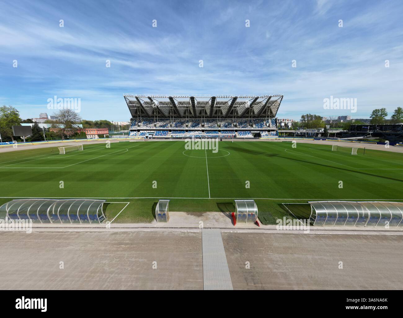 Beautiful sunset panoramic aerial drone view of grandstand of an ...