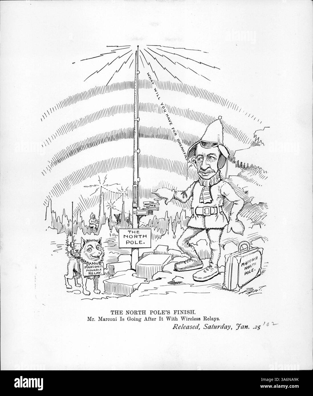 Guglielmo Marconi stands at the North Pole with a radio antenna ...