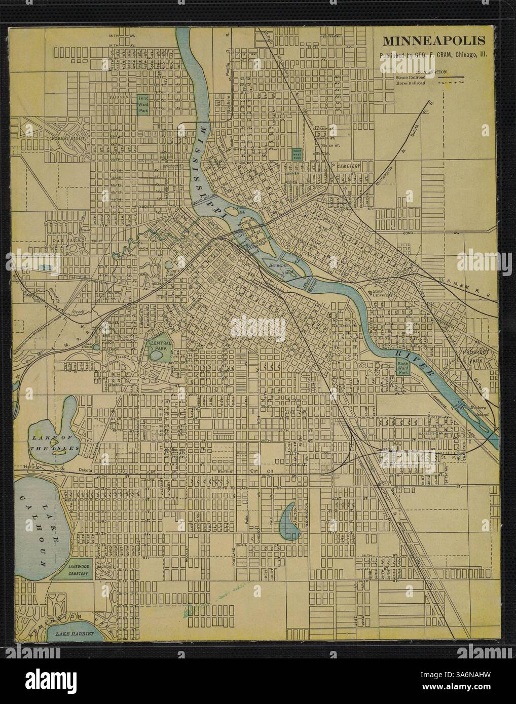 A street map of Minneapolis highlights the steam railroad and horse ...