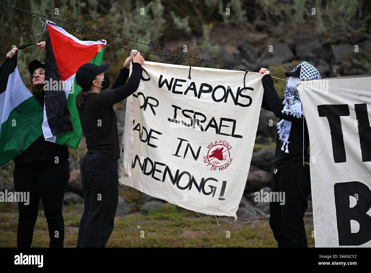 Avalon Airport, Geelong, Australia. 26th Mar, 2025. Anti war activists ...