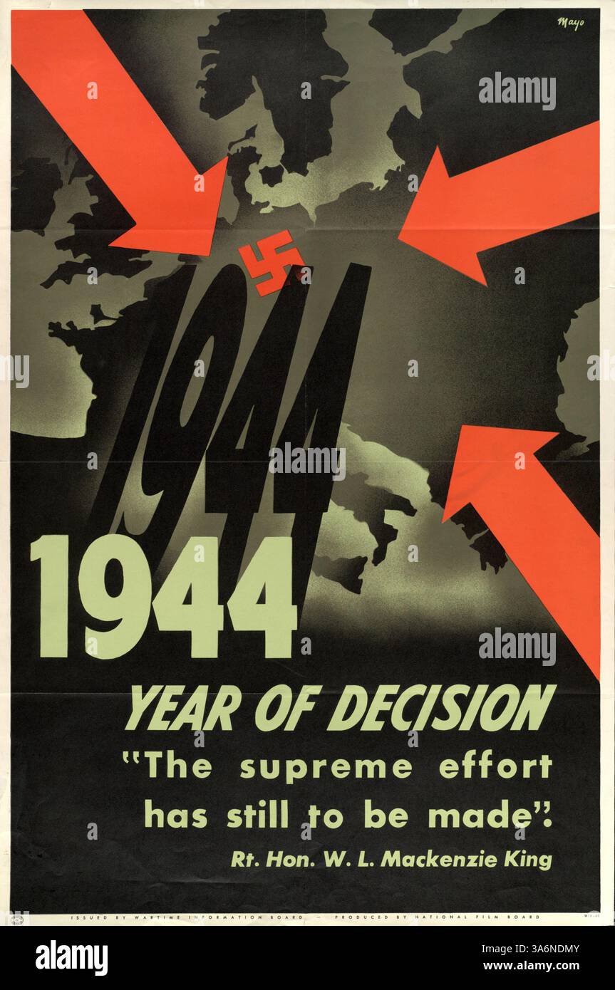 This poster from 1944, titled 'Year of Decision,' features arrows ...