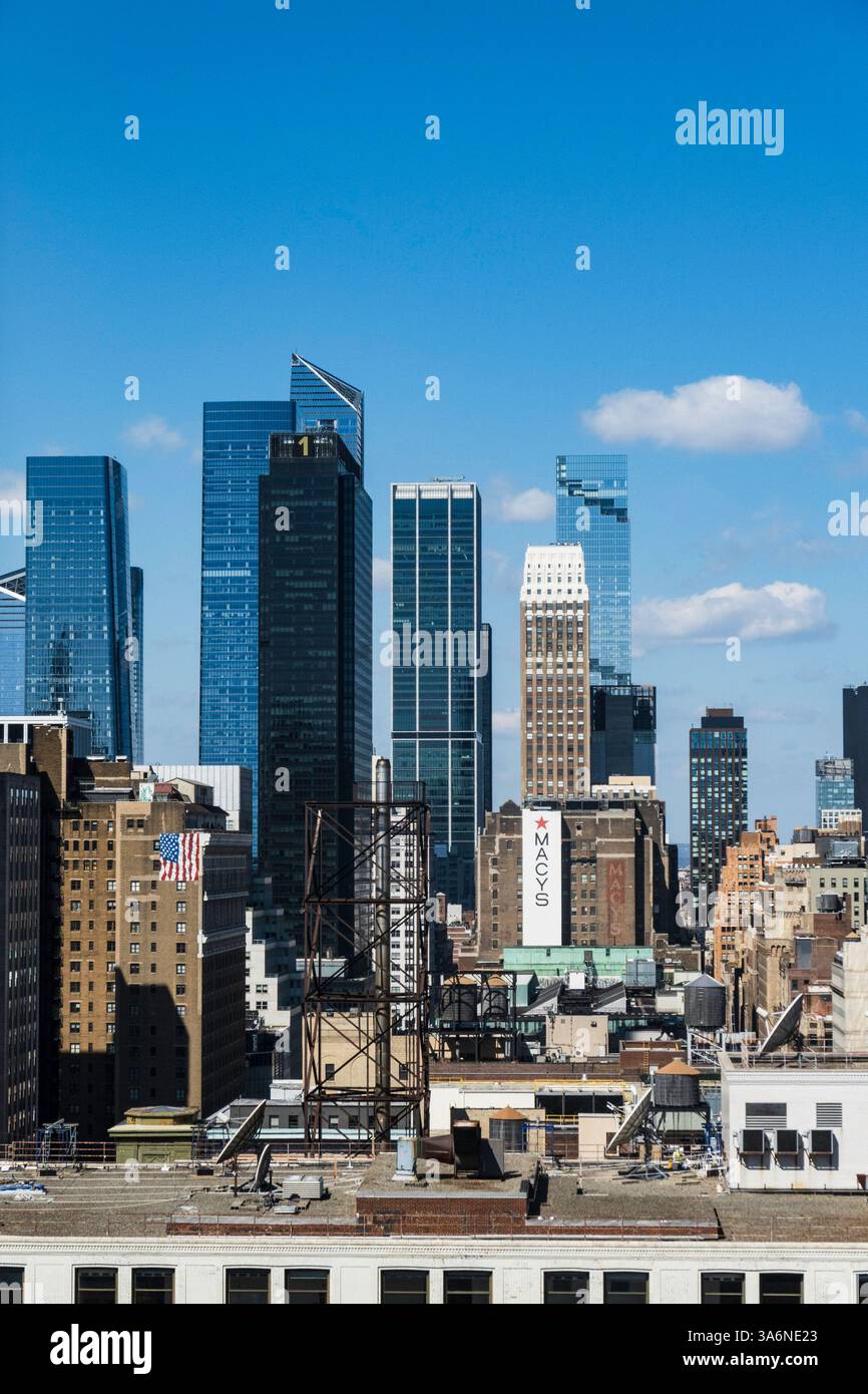 The skyscrapers of Hudson Yards seen from a roof deck in the Murray ...