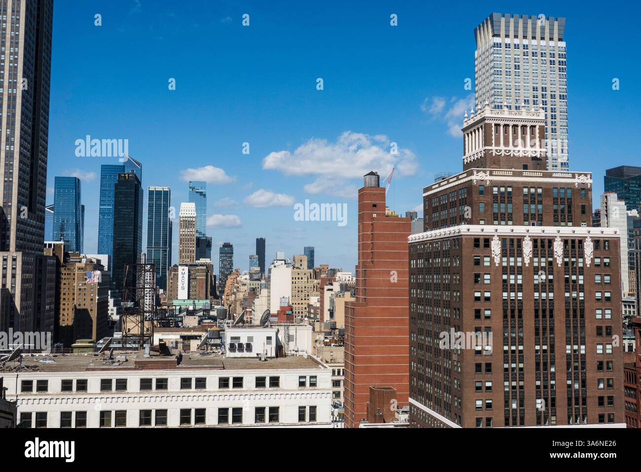 The skyscrapers of Hudson Yards seen from a roof deck in the Murray ...
