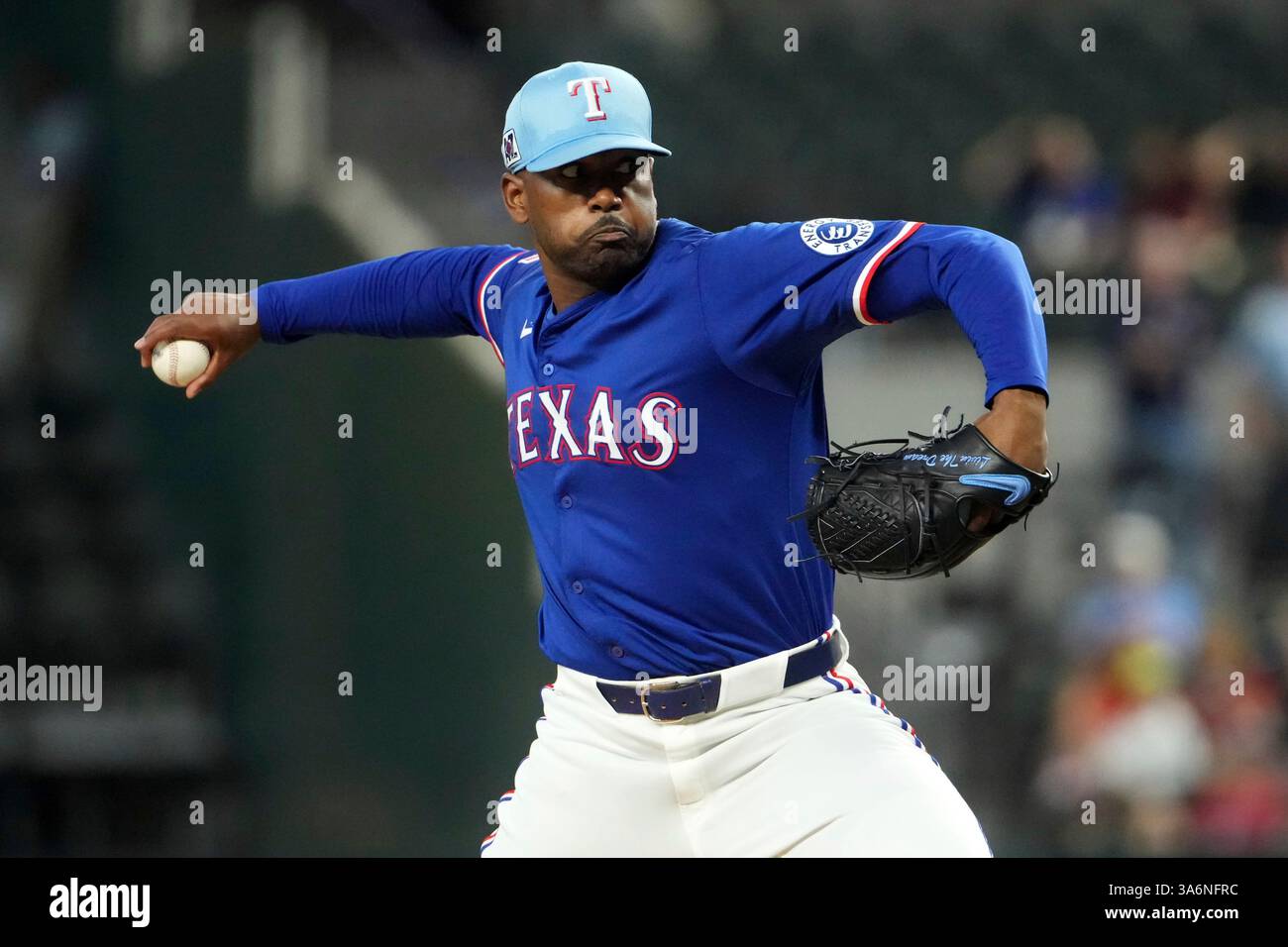 Texas Rangers pitcher Kumar Rocker works against the Kansas City Royals ...