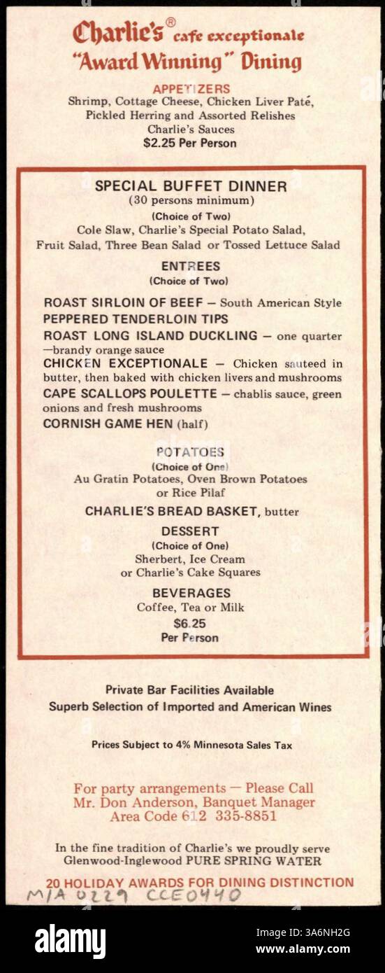 The 1972 Charlie's Cafe Exceptionale menu offers a bi-fold design ...