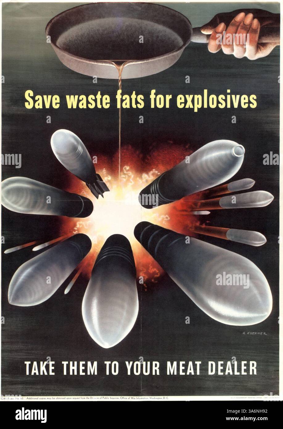 This 1943 OWI poster encourages the collection of waste fats for use in ...