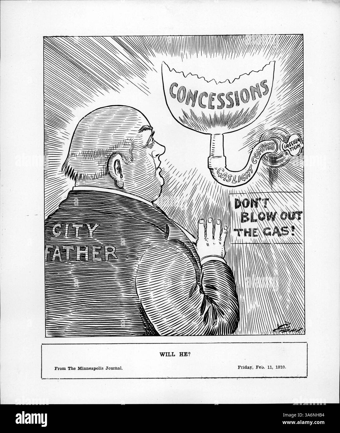 This political cartoon features a city father contemplating a gaslight ...