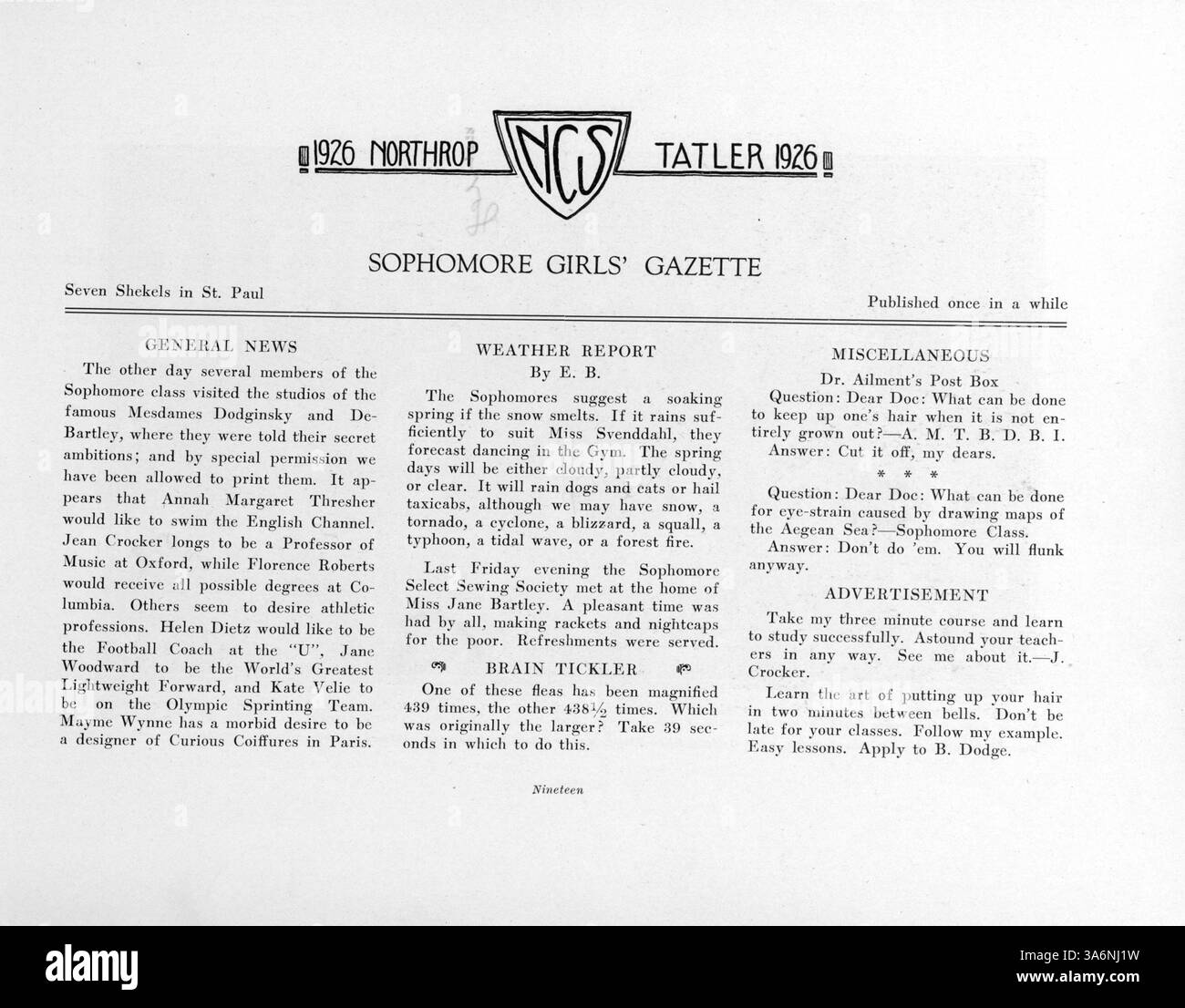 The 1926 Northrop Collegiate Yearbook, known as the Tatler, offers a ...