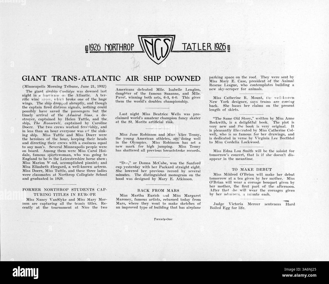 The 1926 edition of Northrop Collegiate’s yearbook, the Tatler ...