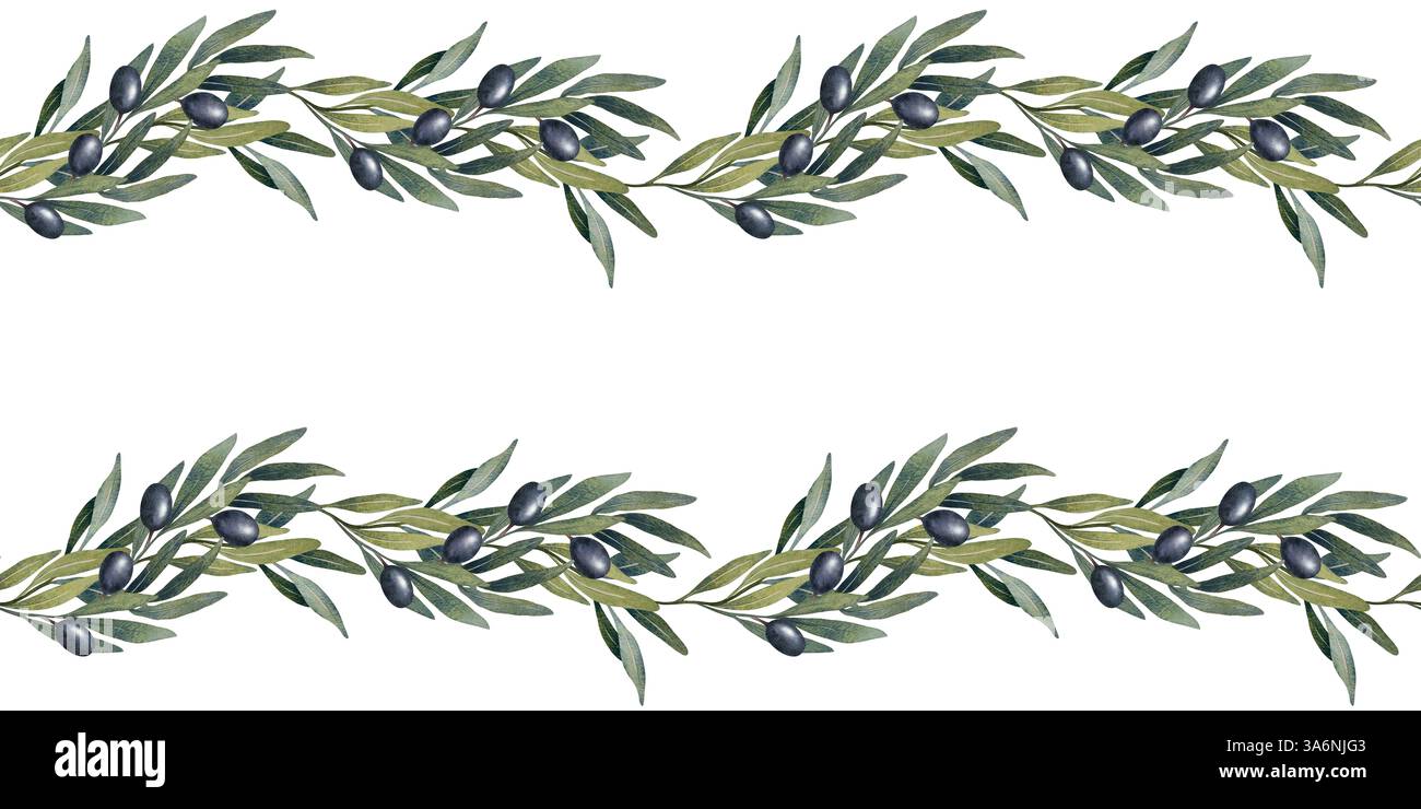 Hand drawn watercolor illustration of olive branches with green and ...