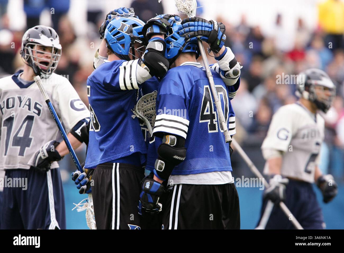 Duke University players celebrate a goal during a Division I lacrosse ...