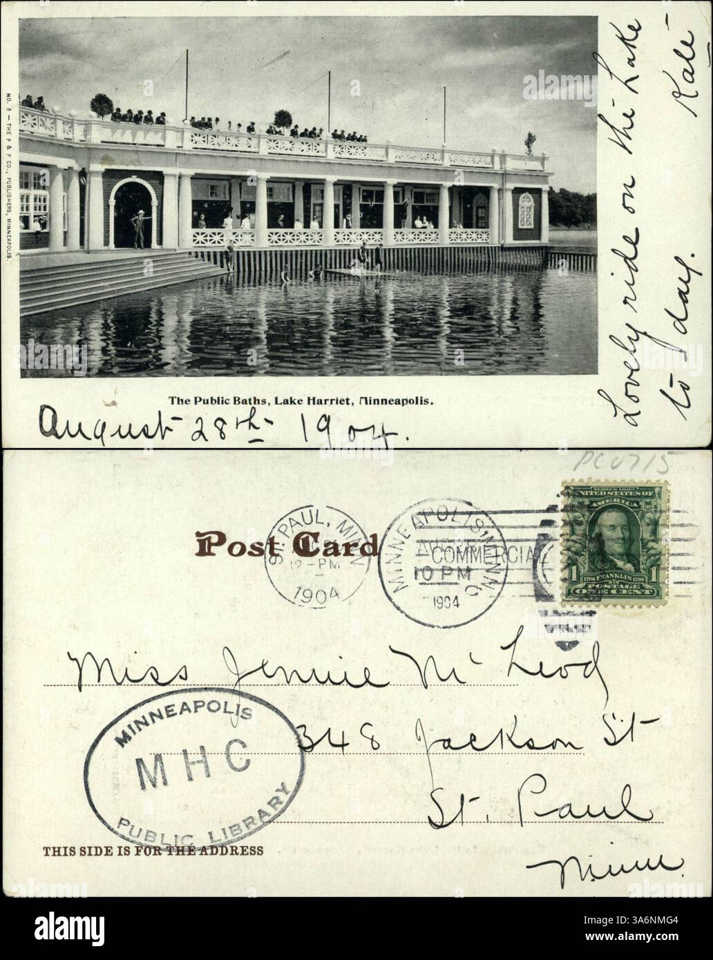 A postcard dated August 28, 1904, featuring the public baths at Lake ...