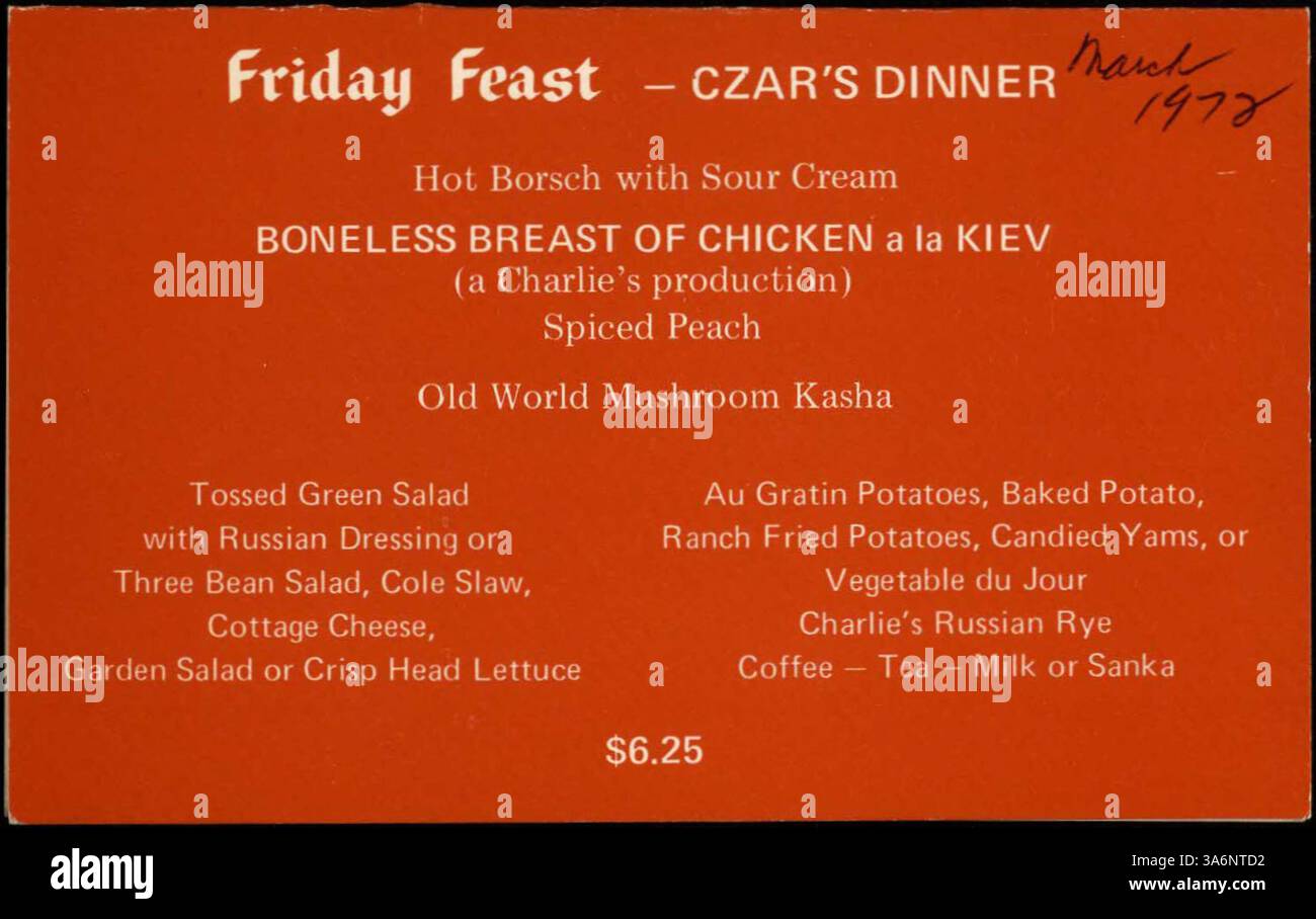 A tent card from Charlie's Cafe Exceptionale in 1972, featuring their ...