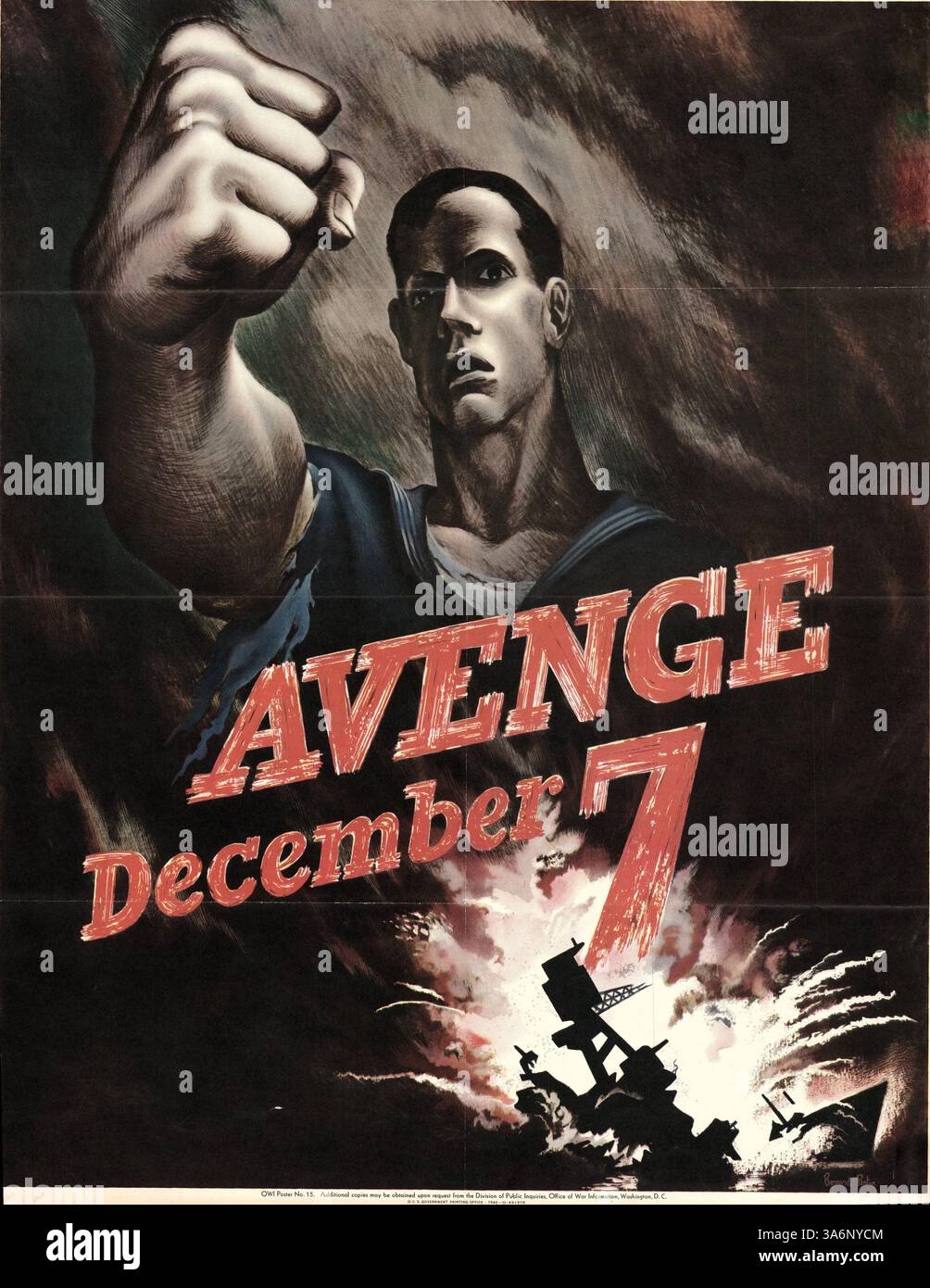 This WWII-era poster features a sailor in a torn uniform, raising a ...