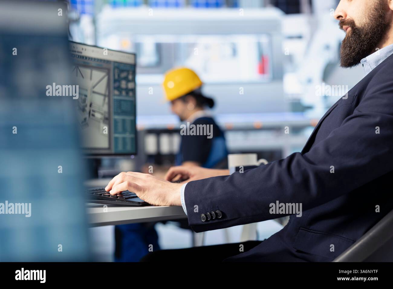 Solar panels manufacturing plant worker analyzing performance data and ...