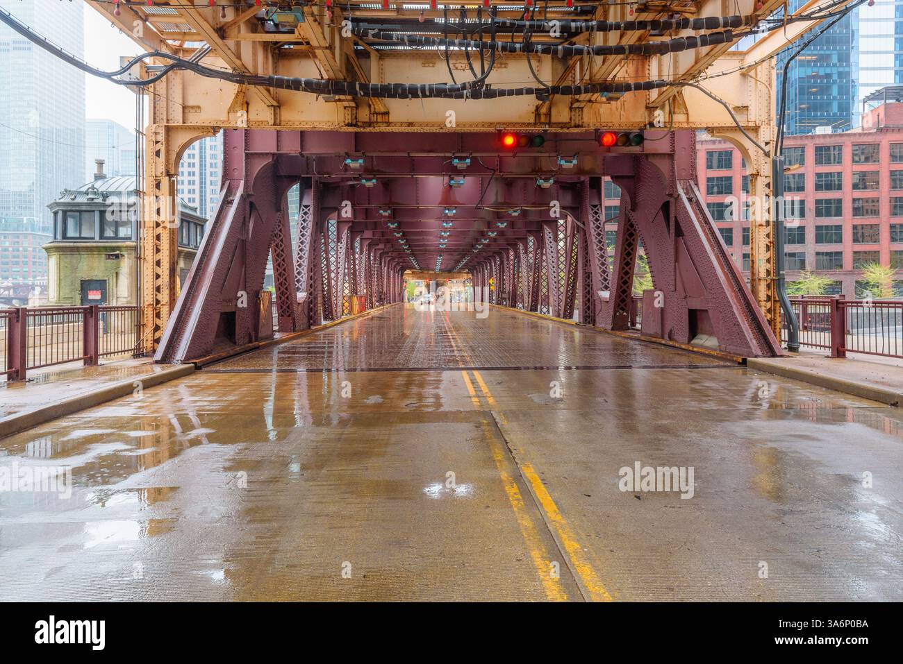 Double deck road and railway bascule bridge spanning Chicago river on a ...