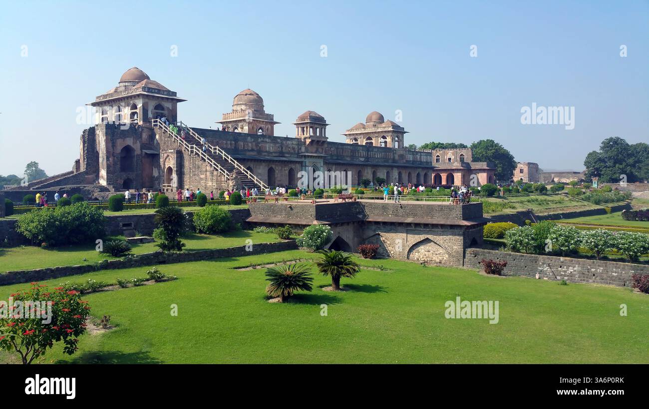 Street view of the Jahaz Mahal or Ship Palace ruins in Mandu ancient ...