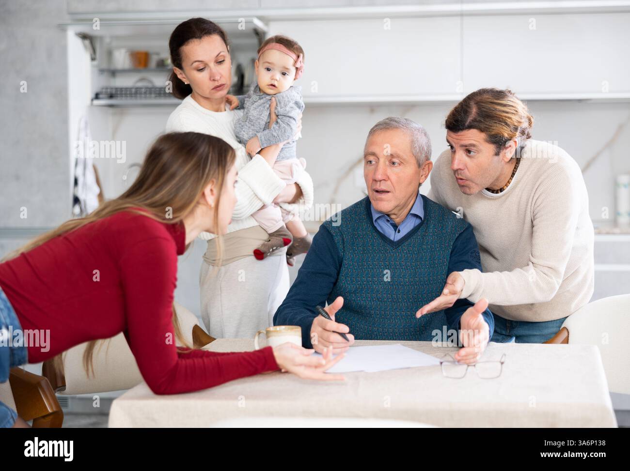 People of different generations argue with each other and show an ...