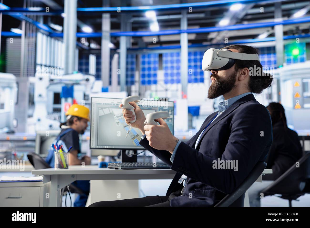 Photovoltaics factory engineer utilizing virtual reality to simulate ...