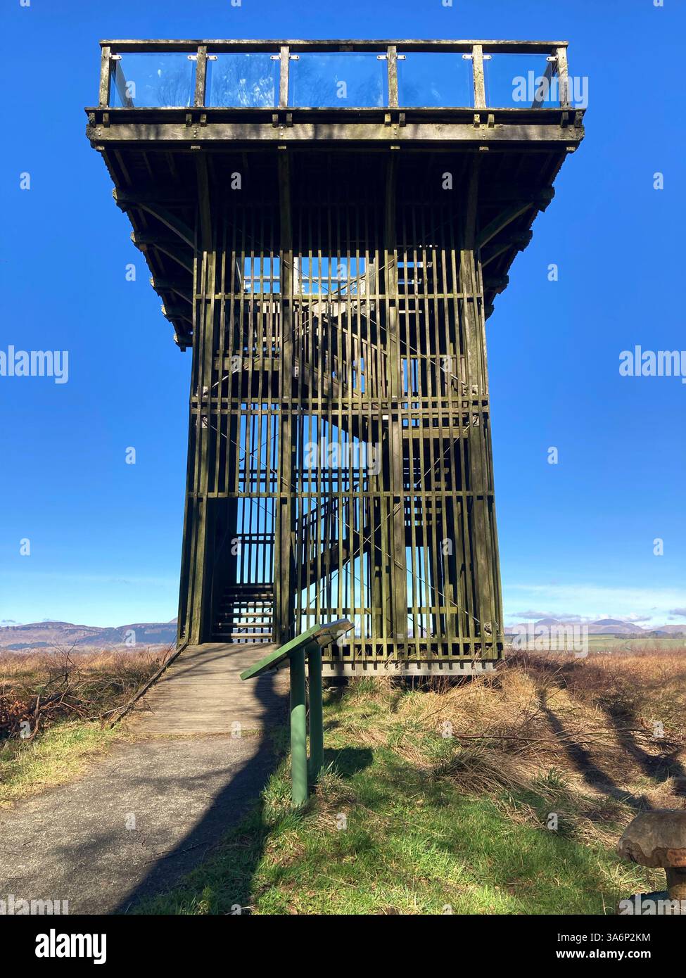 Wooden viewing tower at Flanders Moss National Nature Reserve, Kippen ...