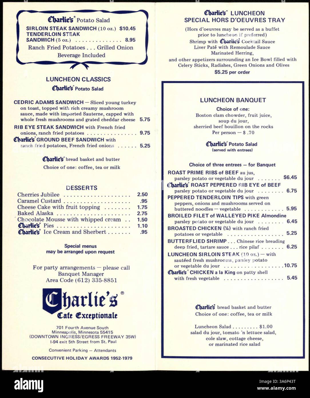This bi-fold banquet luncheon menu from Charlie's Cafe Exceptionale in ...